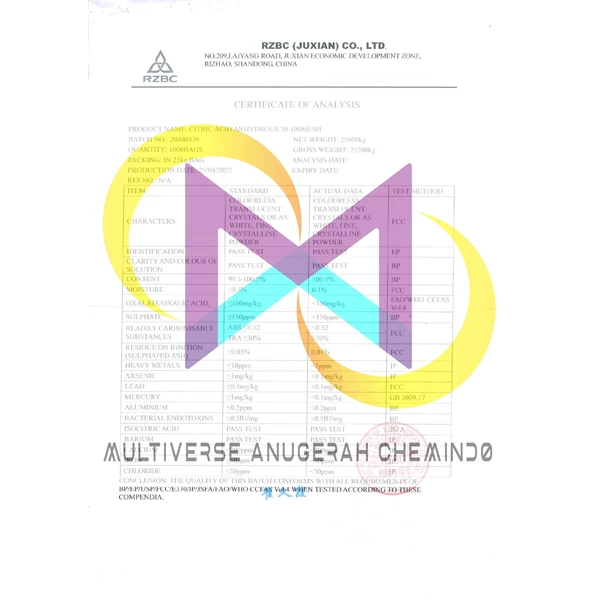 Sell Food Grade Citric Acid Anhydrous Asam Sitrat Anhidrat | Multiverse ...